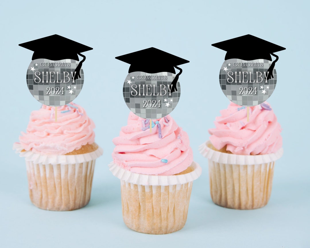 Disco Ball Graduation Cap Cupcake Toppers Fun Girl's Retro Graduation ...