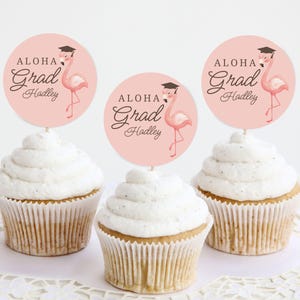 Aloha Grad Cupcake Toppers | Pink Tropical Luau Class of 2025 Party ...