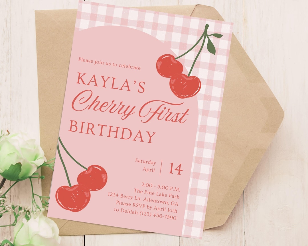 Cherry First Birthday Party Invitations Girl's 1st Birthday Supplies ...