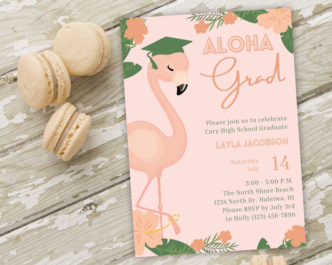 Aloha Grad Pink Flamingo Graduation Party Luau Invitations Girl's High ...