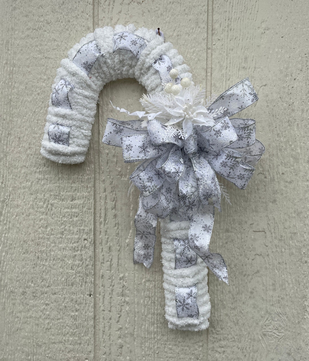 Christmas White Candy Cane Door Decor, White Chunky Yarn Candy Cane ...