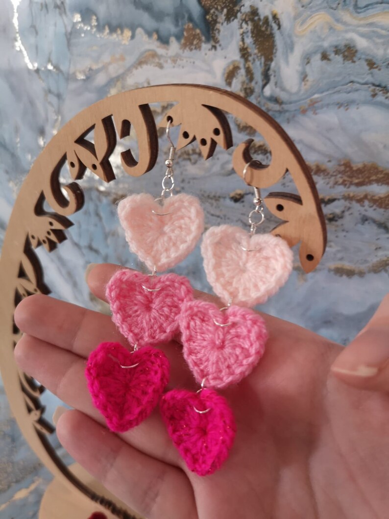 Pink Triple Heart Drop Crochet Earrings - Etsy