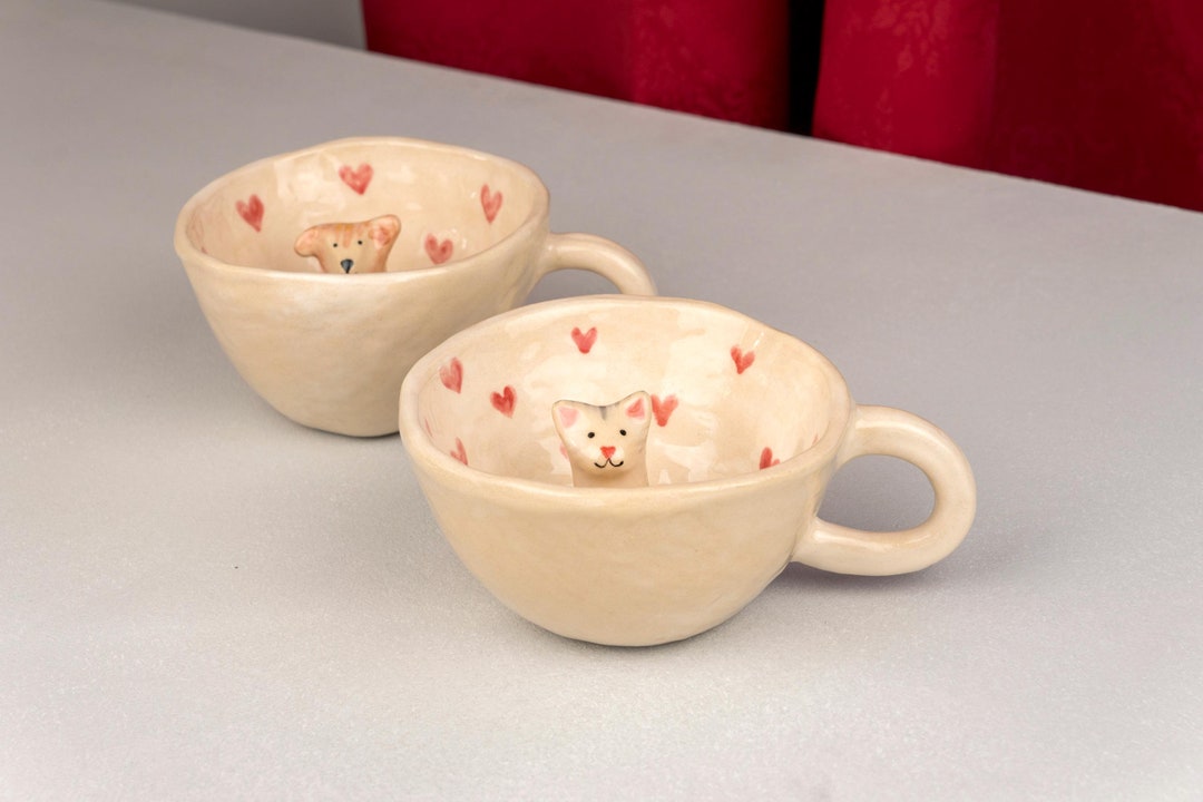Pet Mug Cat Figure Dog Figure Hearts Mug Handmade Ceramic Gift for Pet ...