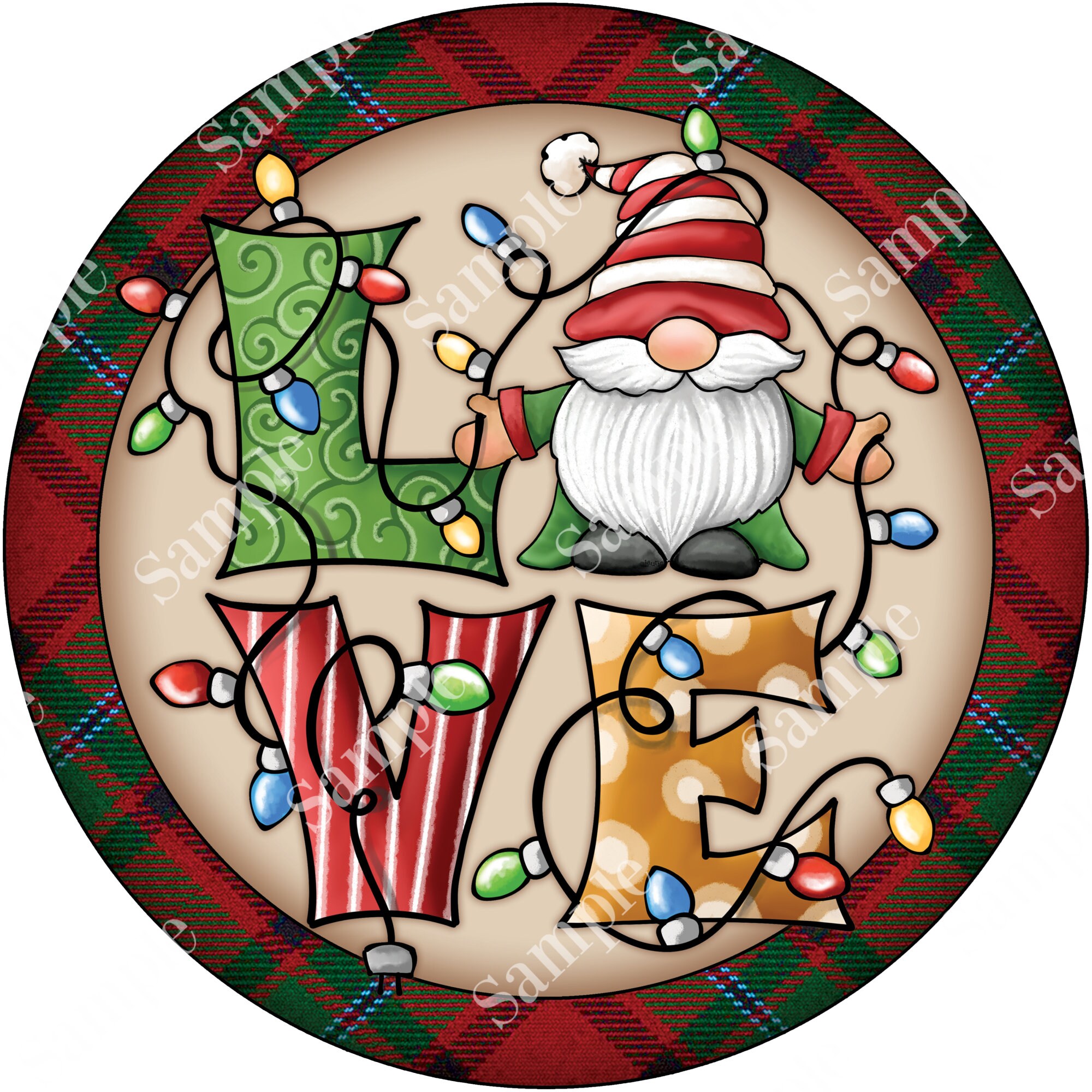 LOVE Christmas Lights Santa Gnome Sign - Round Christmas Sign Wreaths ...