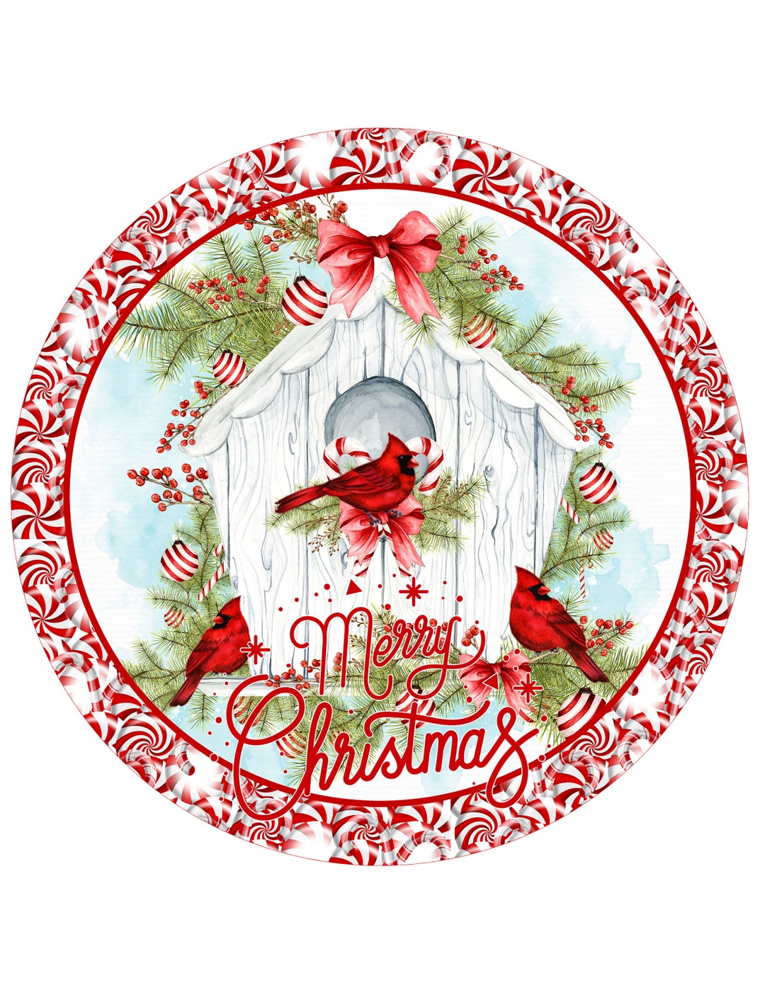 Merry Christmas Peppermint Cardinal Sign Christmas Wreath Sign Door ...