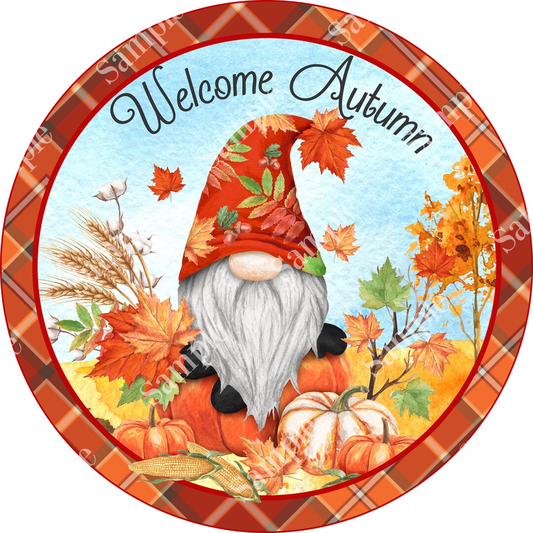Welcome Autumn Gnome Round Sign Craft Supplies Pumpkin Wreath Sign ...
