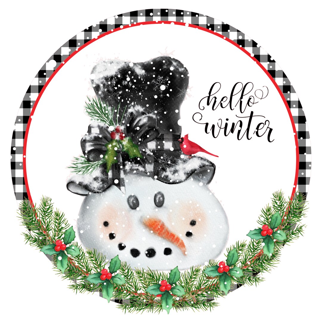 Hello Winter Snowman Sign - Round Christmas Sign Wreaths - Wreath Sign ...