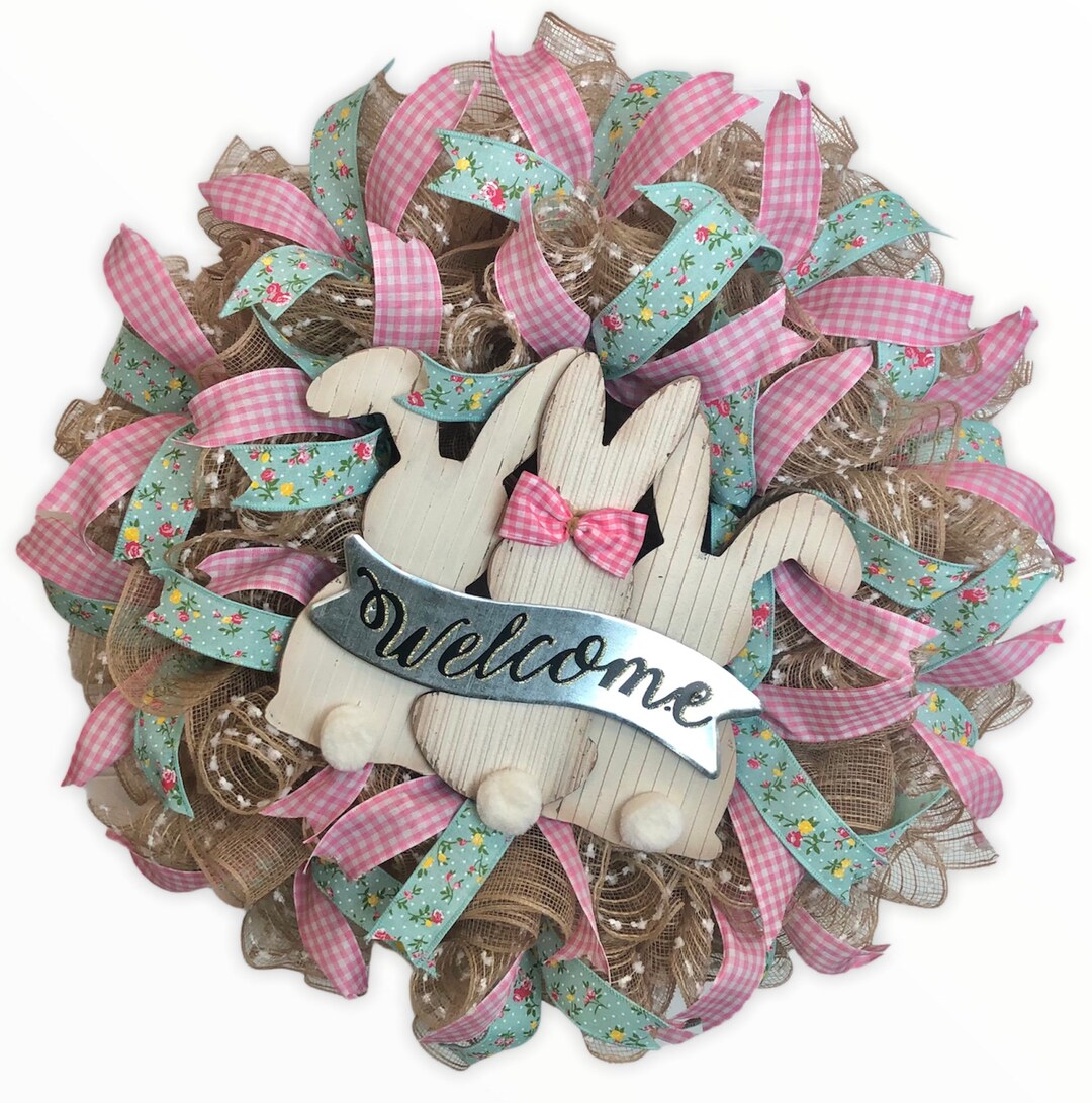 Rustic Easter Bunny Welcome Wreath, Spring Wreath, Front Door Wreath ...