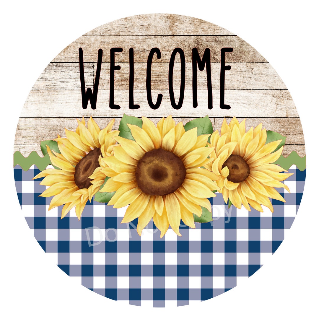Rustic Welcome Blue Buffalo Plaid Sunflower Sign, Door Hanger ...