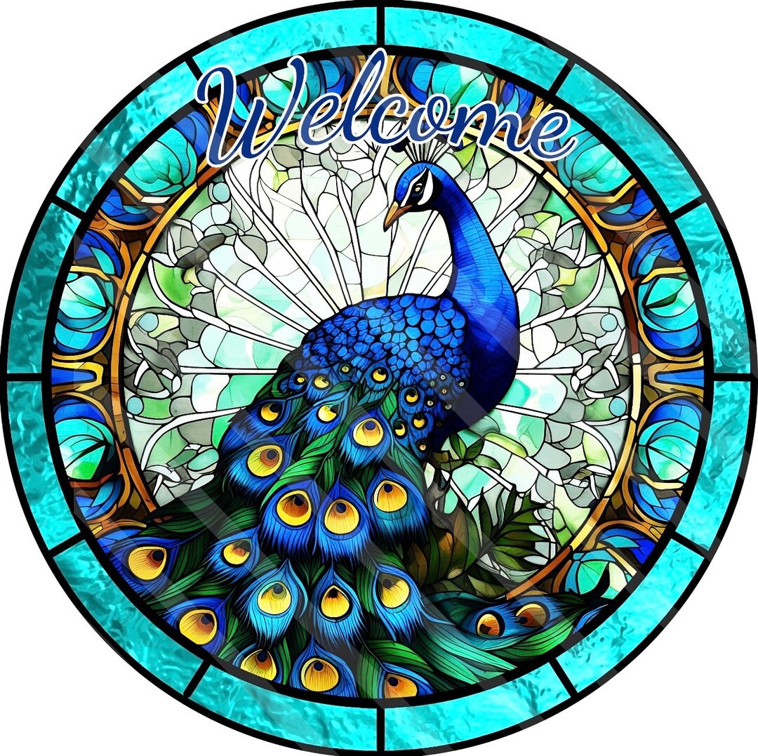 Round Faux Stained Glass Peacock Sign, Peacock Wreath Sign, Door Decor ...