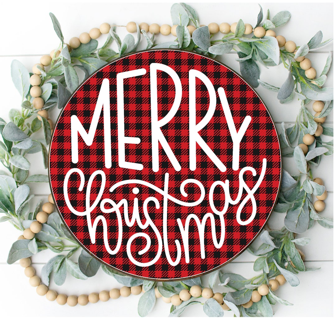 Merry Christmas Buffalo Plaid Sign - Round Christmas Sign for Wreaths ...