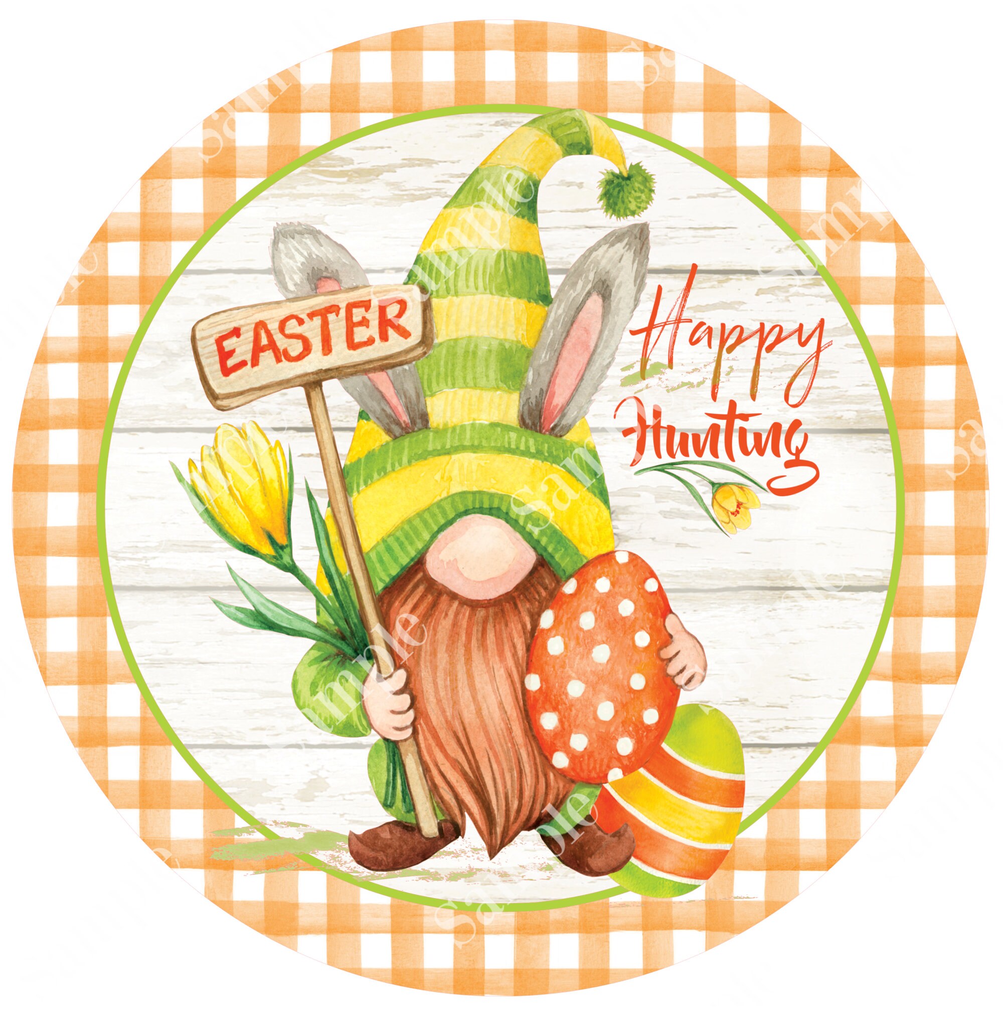 Happy Hunting Gnome Easter Sign - Round Easter Sign for Wreaths ...