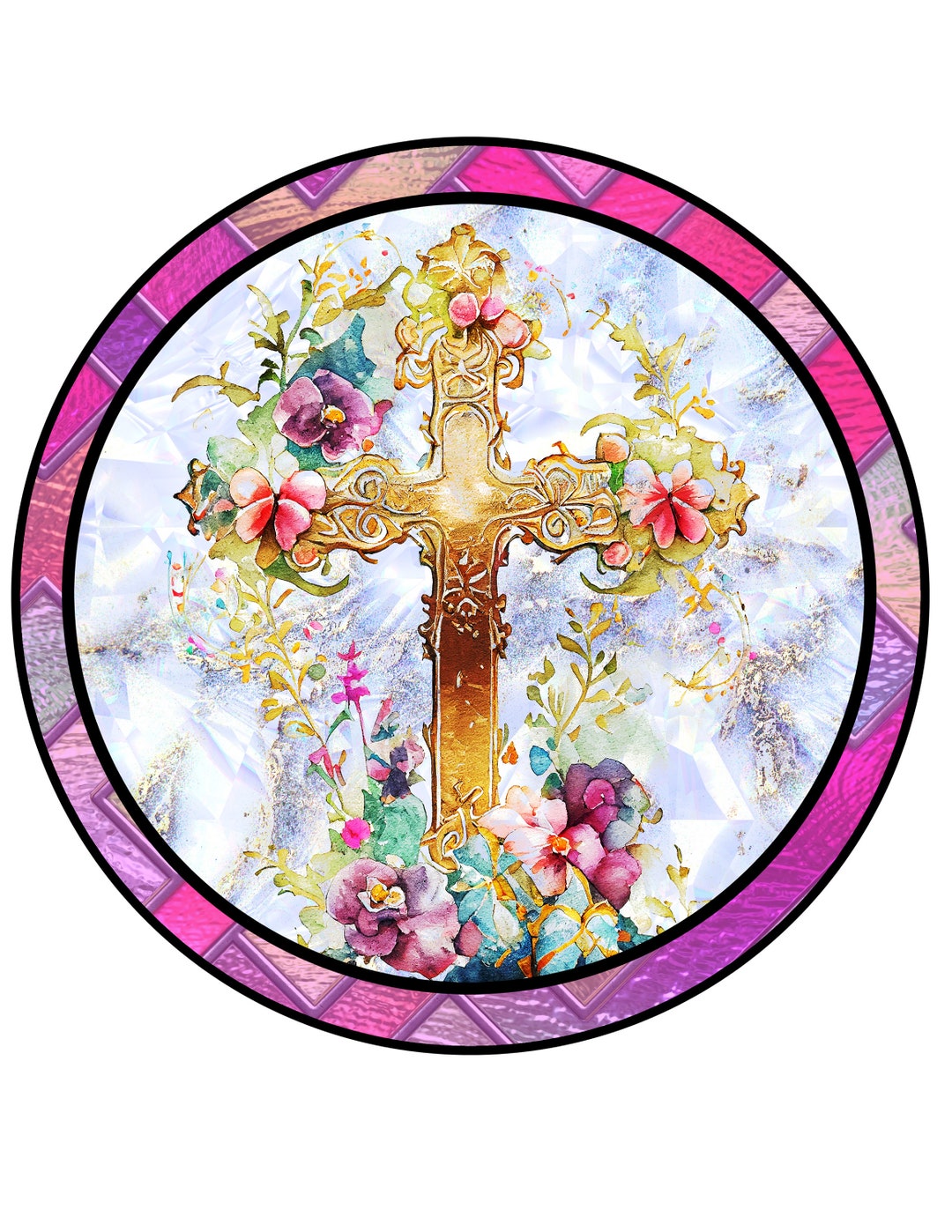 Stained Glass Inspirational Ornate Floral Cross Sign - Round Wreath ...