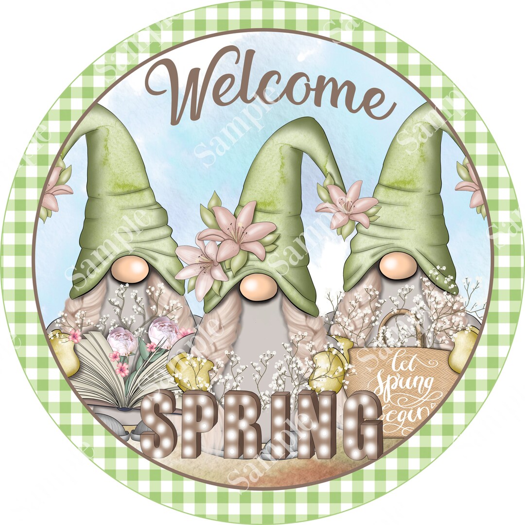 Welcome Spring Gnome Sign - Round Spring Summer Sign for Wreaths ...