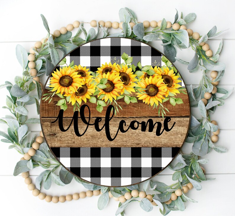 Welcome Buffalo Plaid Sunflower Sign Round Buffalo Plaid - Etsy