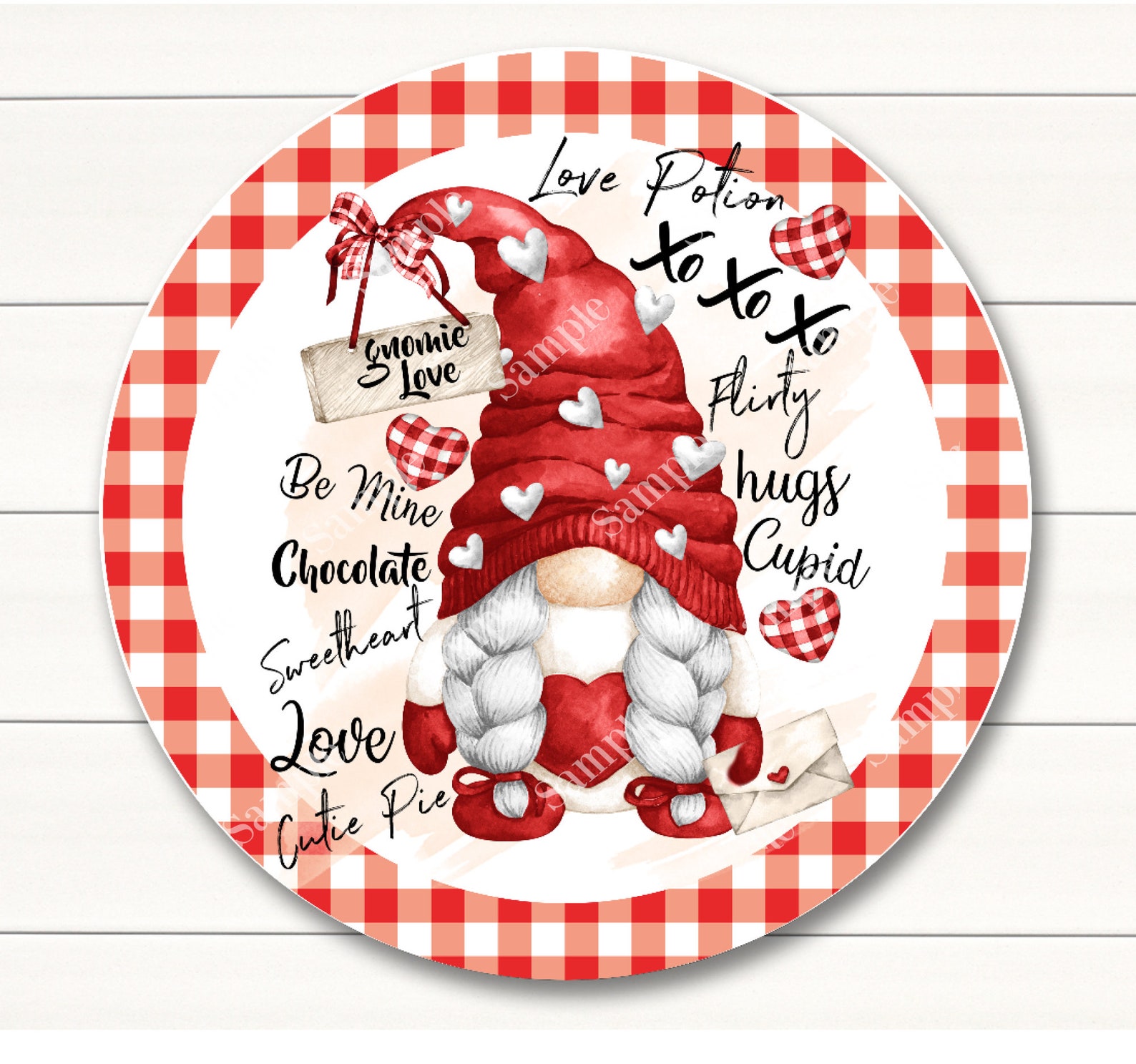 Valentine Gnome Sign - Round Valentine Gnome Sign for Wreaths ...