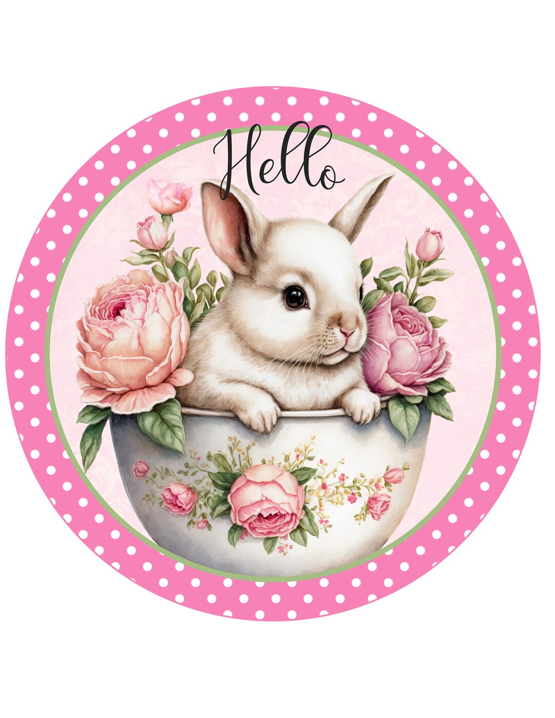 Hello Teacup Bunny Rabbit Cup Sign - Round Rustic Easter Spring Sign ...