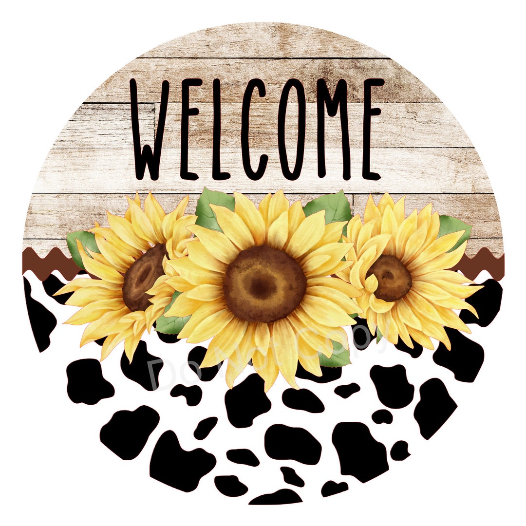 Rustic Welcome Cow Print Sunflower Sign, Cow Print Door Hanger ...