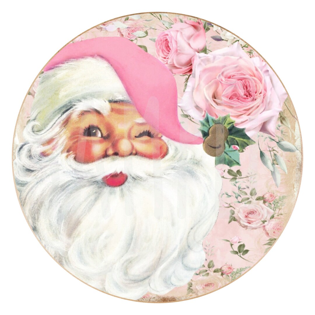 Vintage Pink Jolly Santa Sign - Round Christmas Sign Wreaths - Wreath ...
