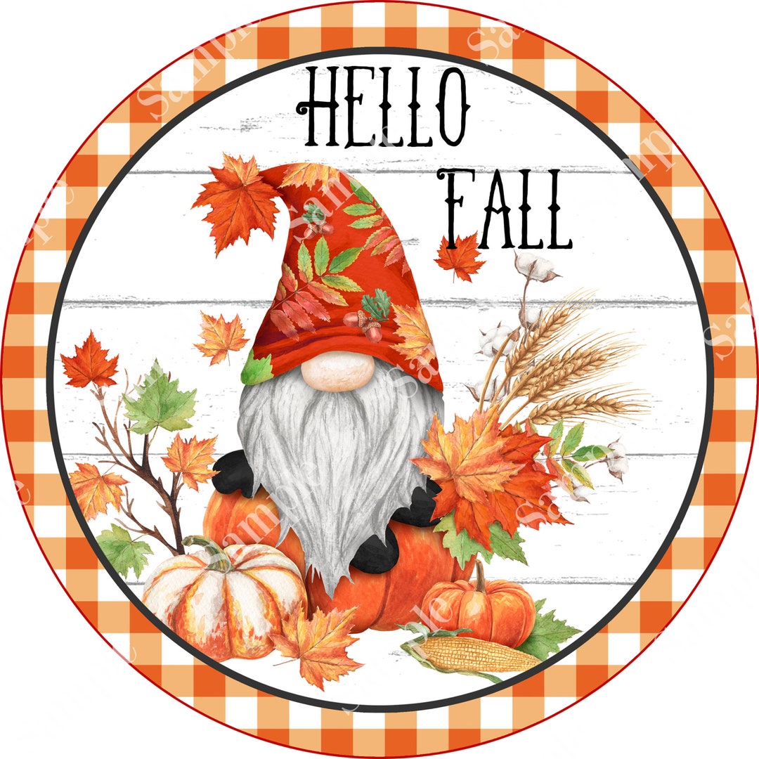 Hello Fall Gnome Round Sign Craft Supplies Pumpkin Wreath Sign Wreath ...