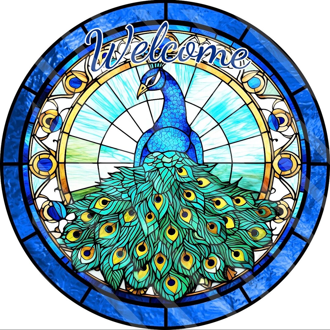 Round Faux Stained Glass Peacock Sign, Peacock Wreath Sign, Door Decor ...