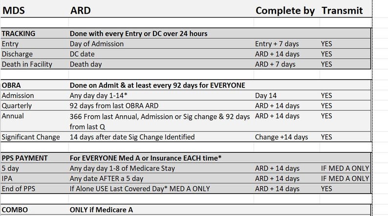 Skilled Nursing MDS Tool - Spreadsheet Tool for Ard's and Due Dates - Etsy