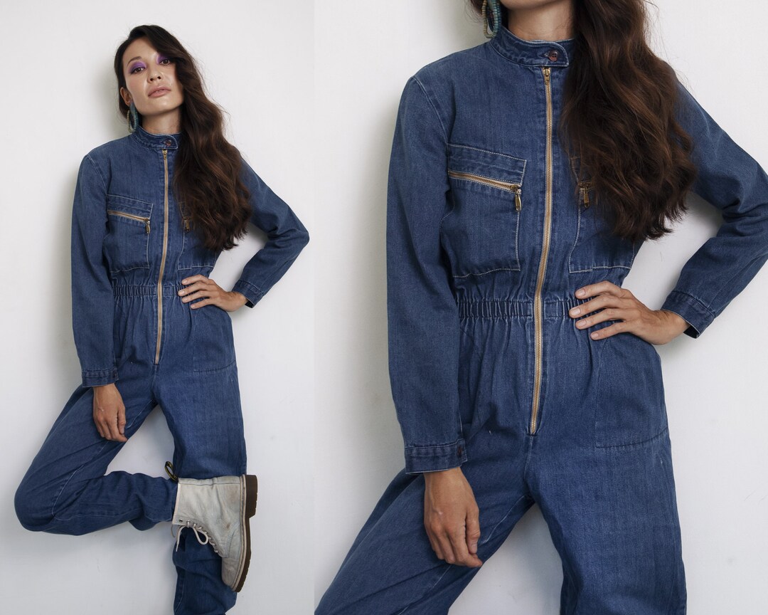 Vintage 70s Jumpsuit Overalls Coveralls Denim Romper Boiler Suit Long Sleeve Onepiece Pant Suit ...