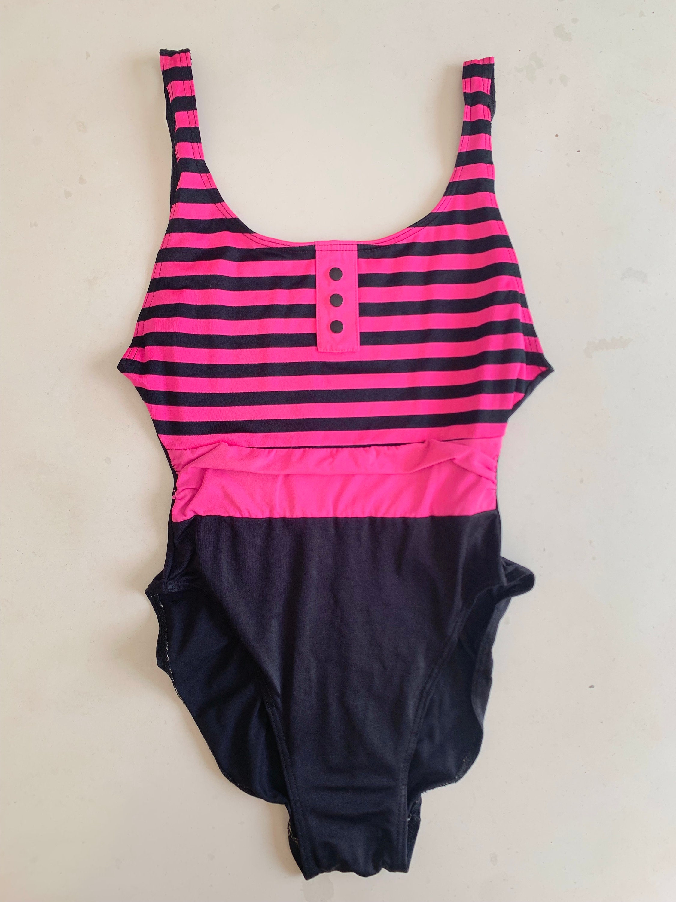 Vintage 90s One Piece Swimsuit Black Pink Neon Striped Size M 8 - Etsy