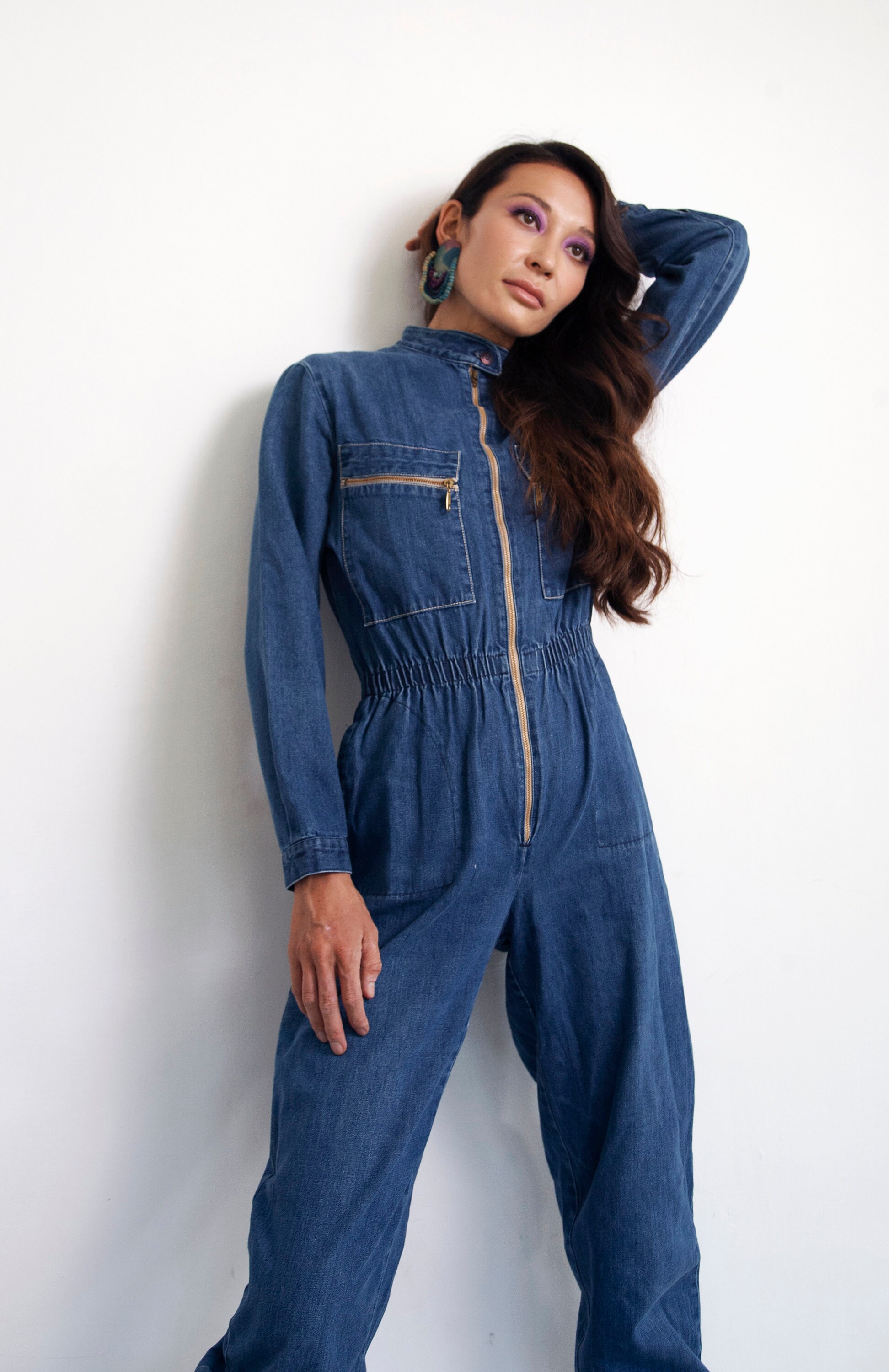 Vintage 70s Jumpsuit Overalls Coveralls Denim Romper Boiler Suit Long Sleeve Onepiece Pant Suit ...