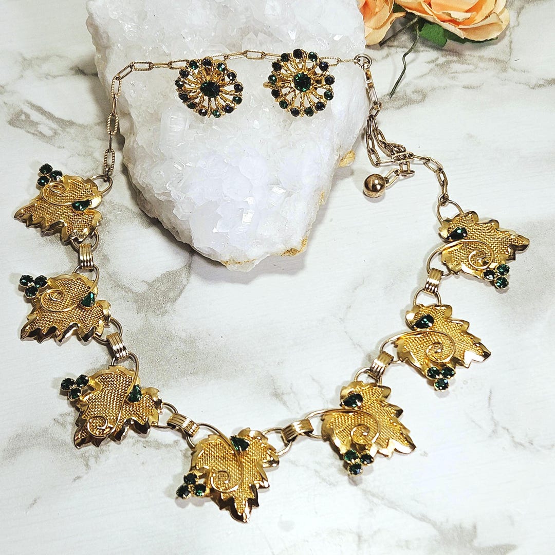 Vintage MCM 10k Gold Plated Leaf Necklace With Green Stones & Earrings ...