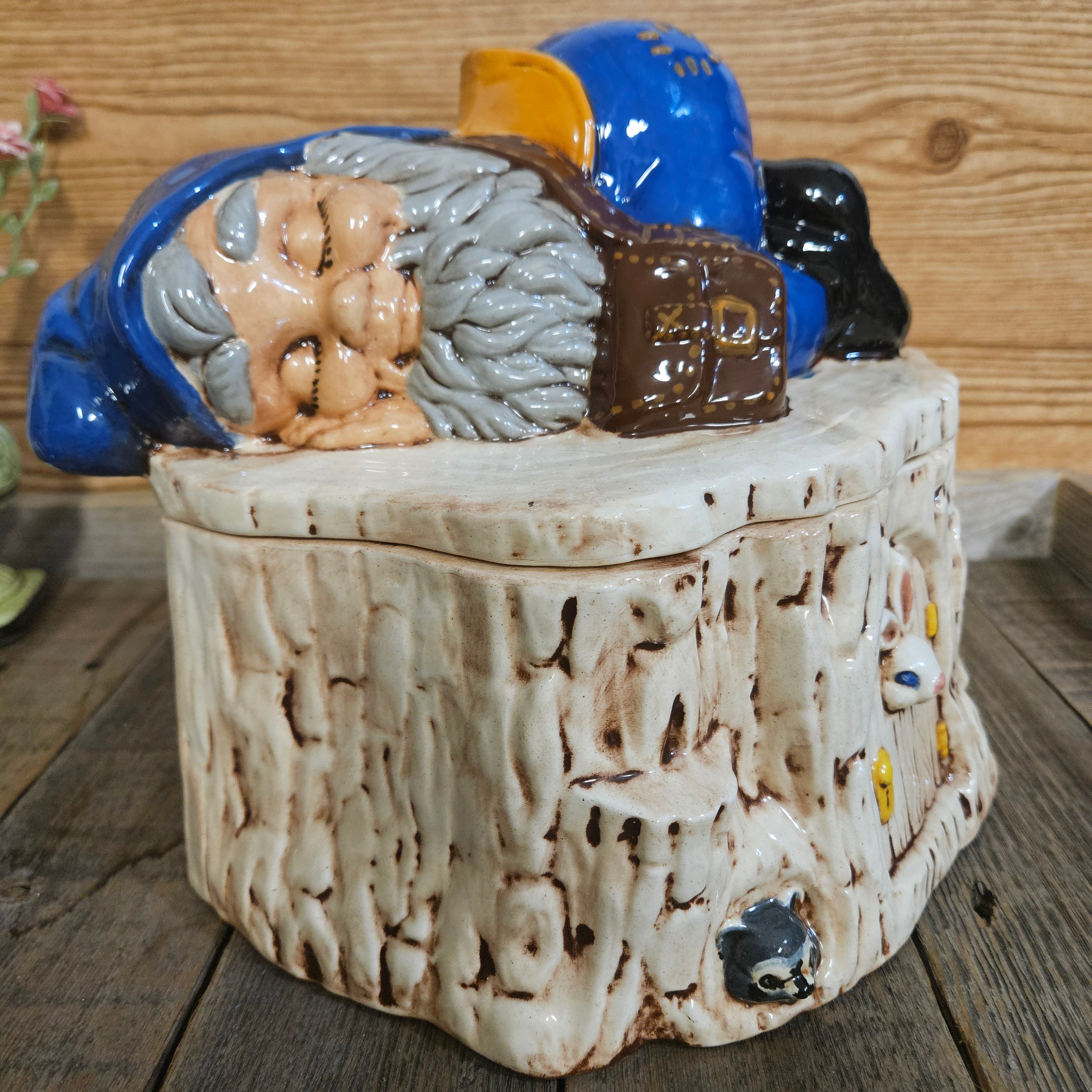 Vintage Ceramic Sleeping Gnome / Dwarf on A Tree Stump Cookie Jar ...