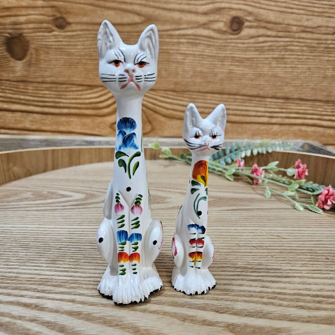Vintage Whimsical Colorful Grumpy Long Neck Cat Figurines EC - Etsy