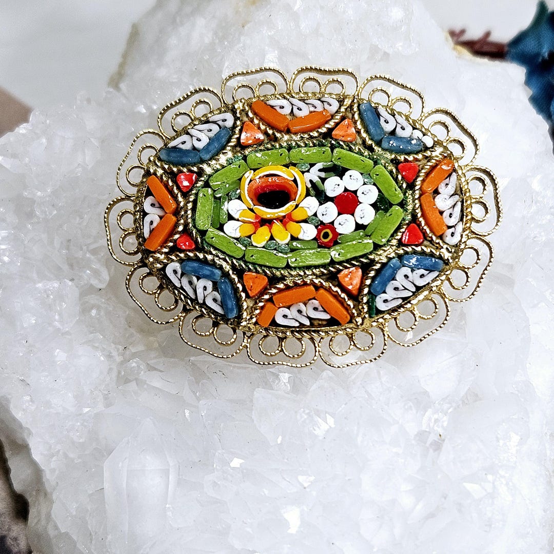 Vintage Italian Micro Mosiac Bright Floral Filligree Brooch - Etsy