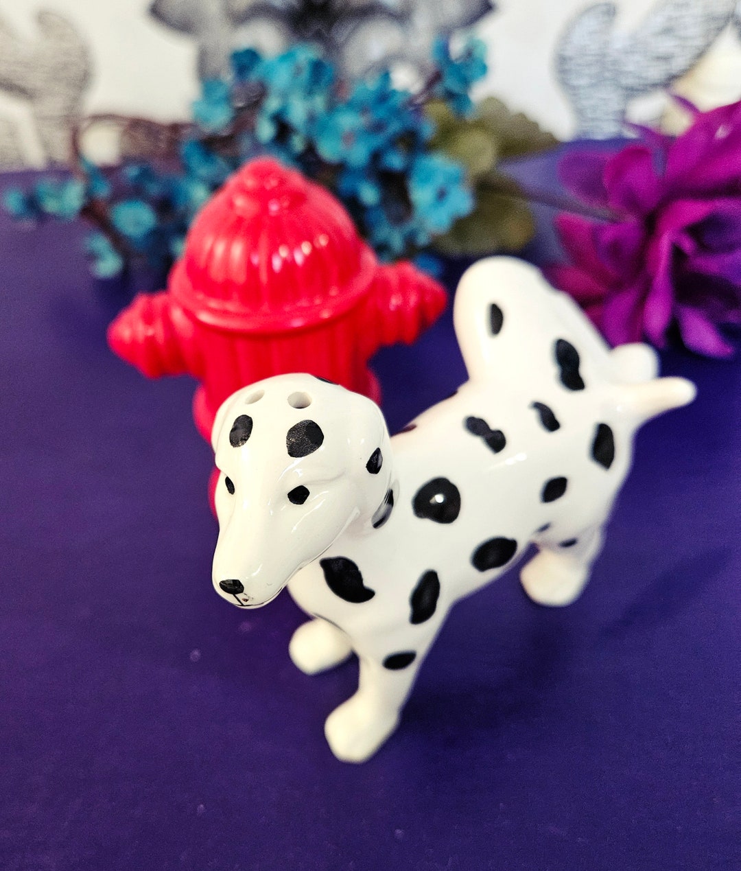 Vintage Ceramic Dalmation Dog Peeing on Fire Hydrant Salt and Pepper ...