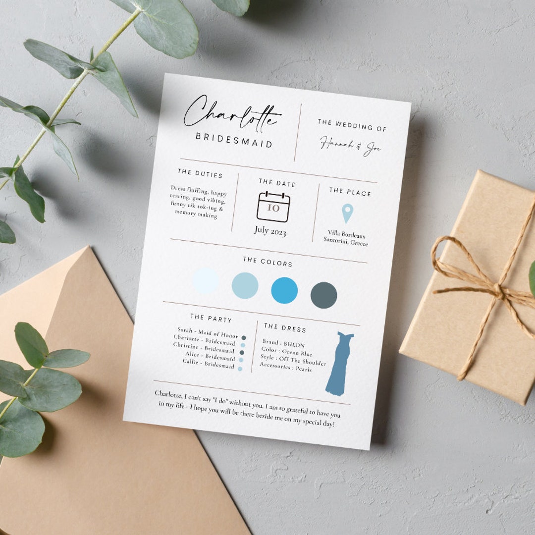 Bridesmaid Info Card Template, Canva Bridal Party Info Card, Bridesmaid ...