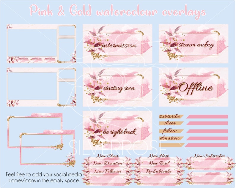 Twitch Overlay Package: Pink & Gold Water Colour NOT Animated - Etsy