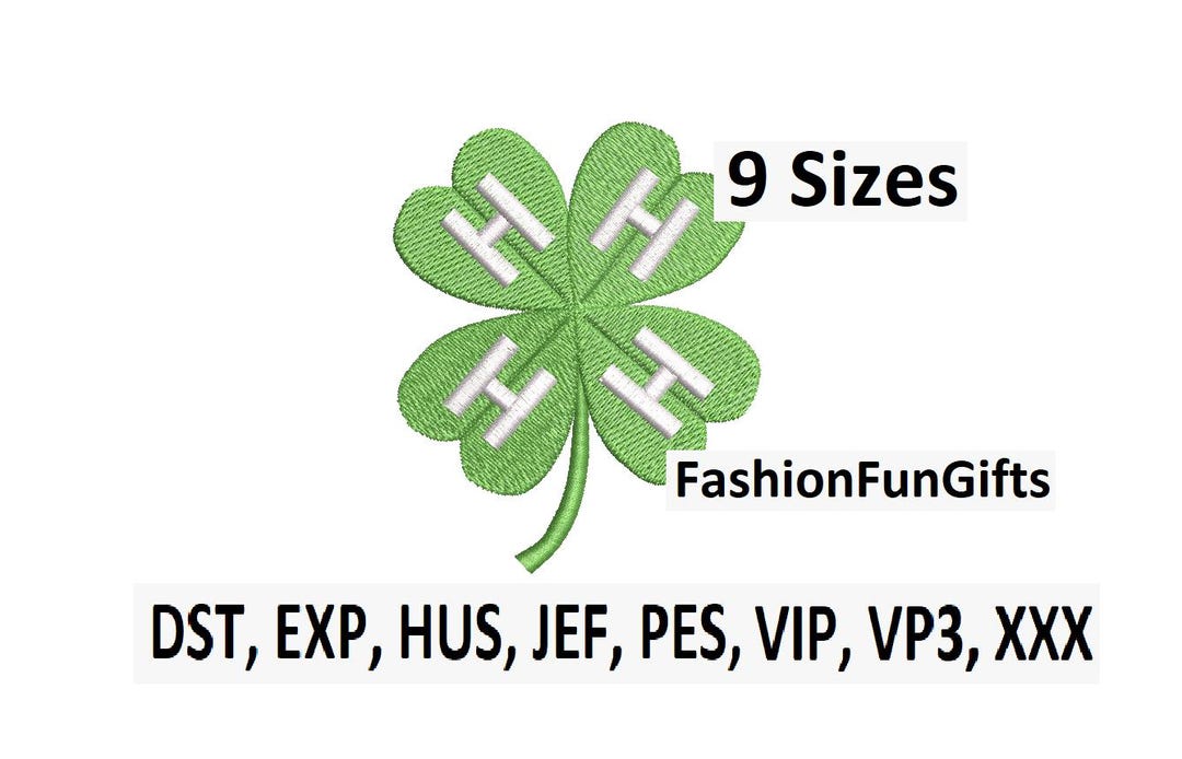 Clover H, 4-H Embroidery Designs 9 Sizes 1" to 5" Green Four Leaf ...