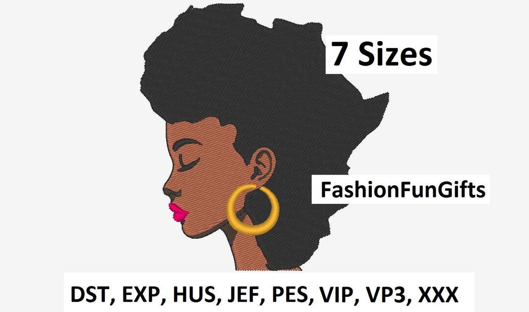 Africa Map Black Woman Embroidery Design: Afro Natural Hair (digital ...
