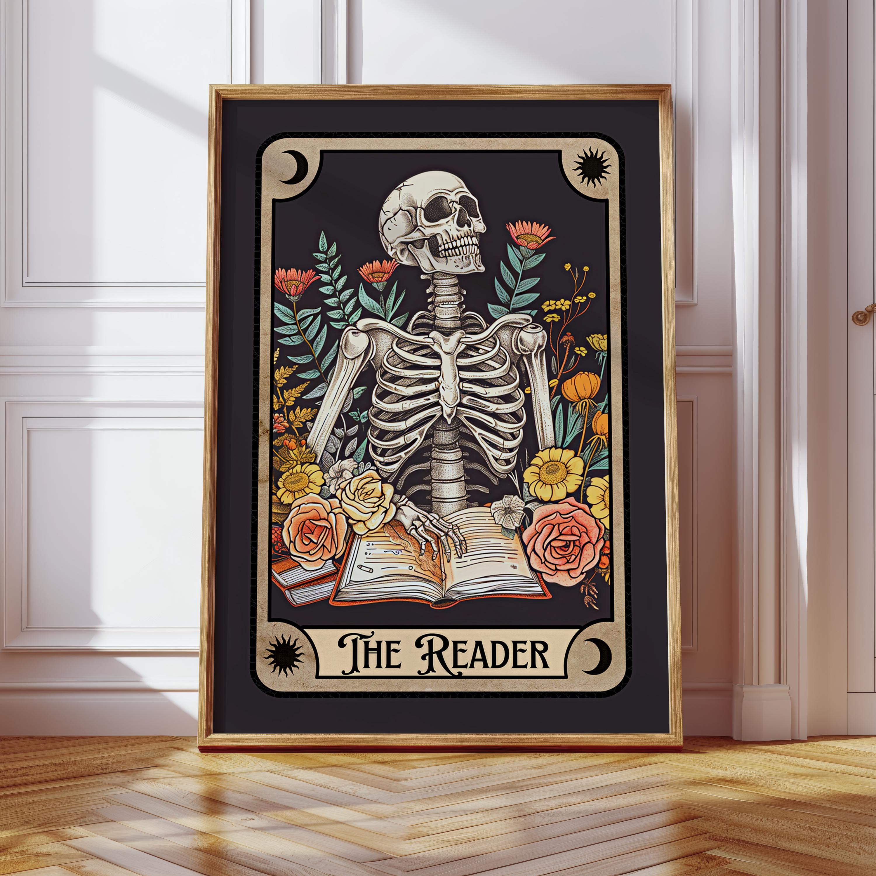The Reader Tarot Poster, Skeleton Reader Tarot Card Art Print, Book ...