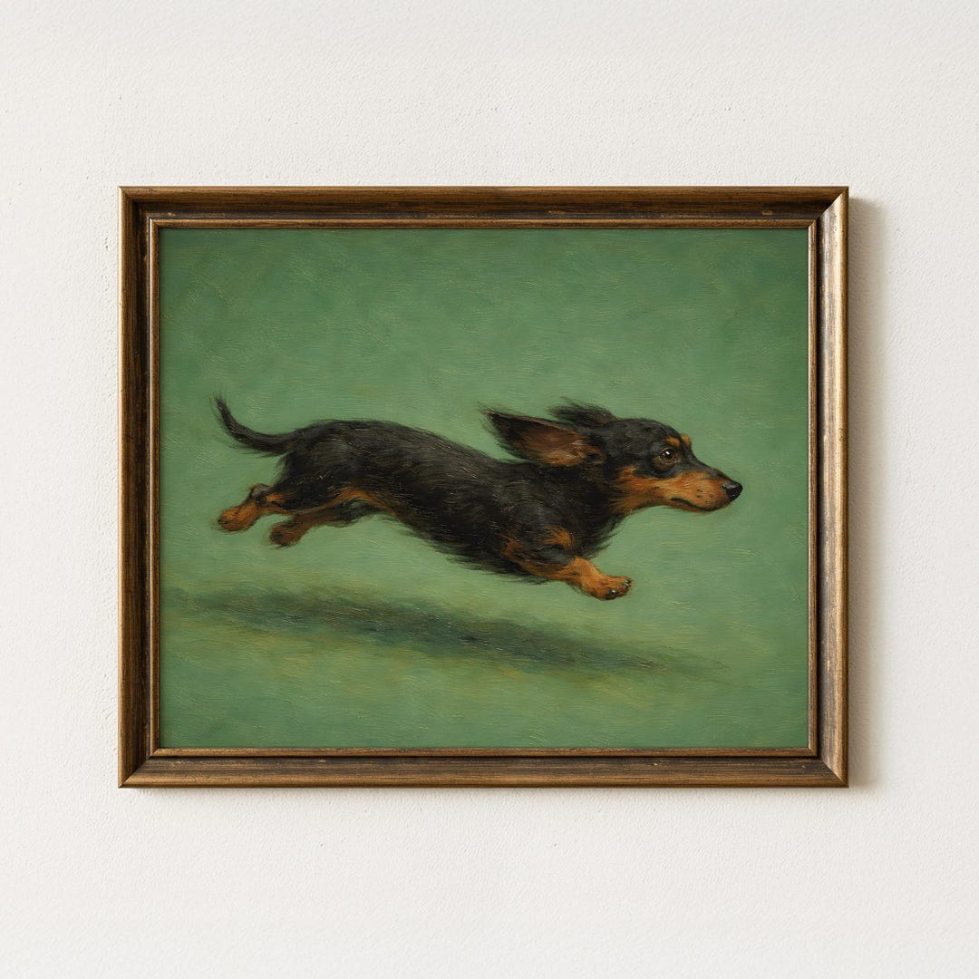 Dachshund With Zoomies Wall Art Oil Painting Print, Rustic Pet Art ...