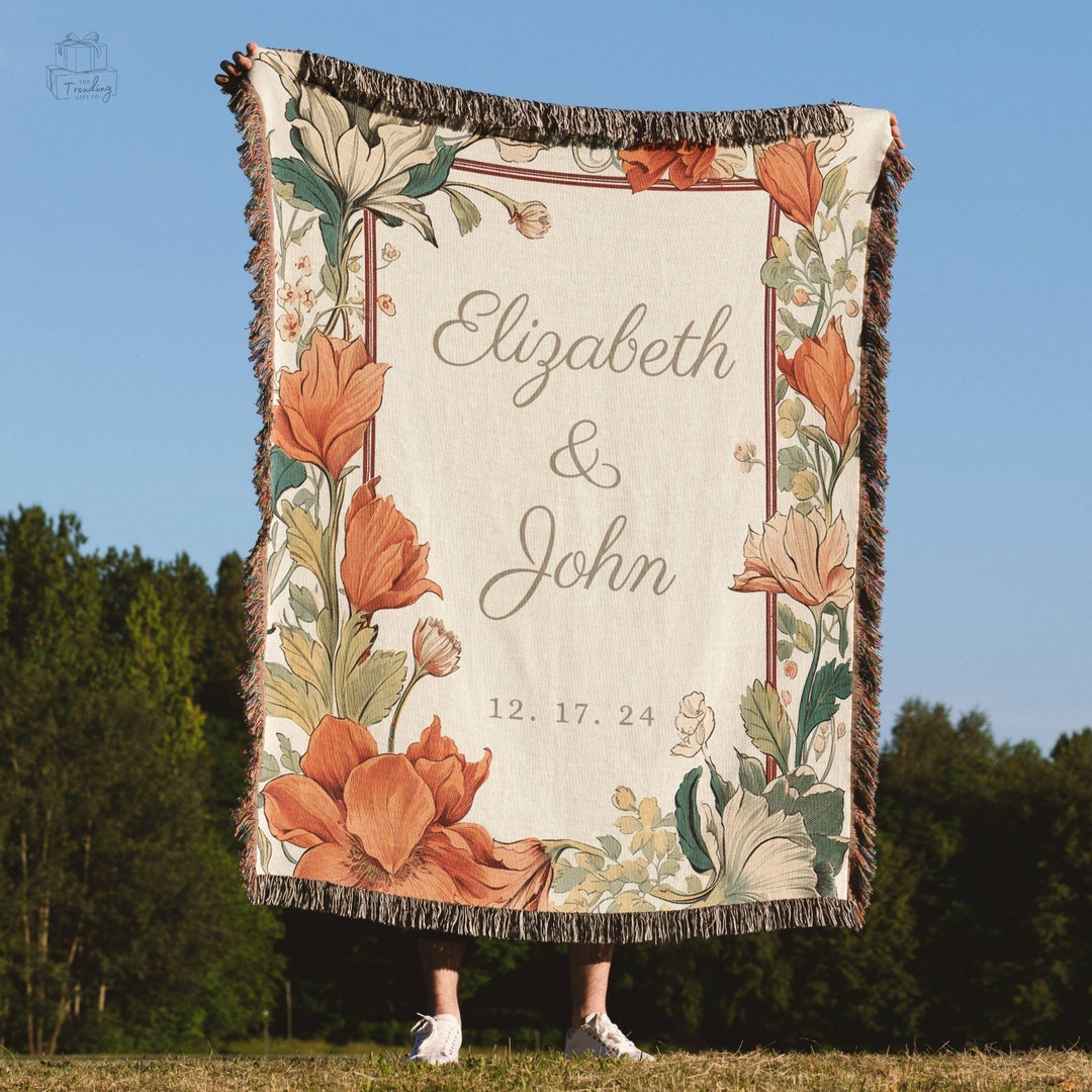 Personalized Wedding Tapestry, Custom Floral Woven Blanket, Cotton ...
