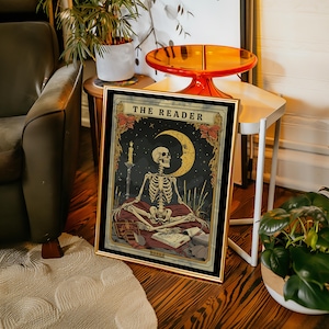 The Reader Tarot Print, Skeleton Reader Tarot Card Wall Art, Book Lover ...