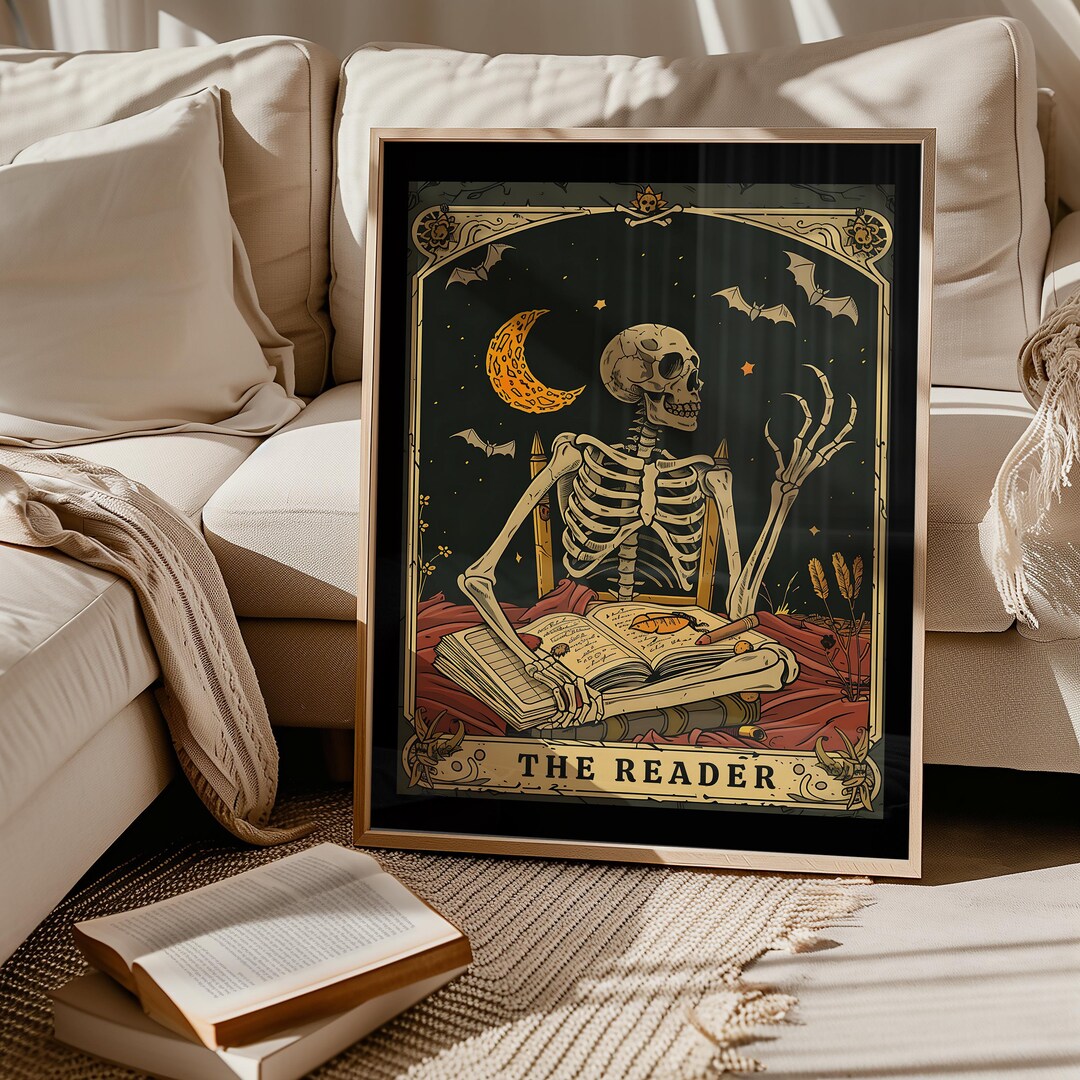 The Reader Tarot Print, Skeleton Reader Tarot Card Wall Art, Book Lover ...