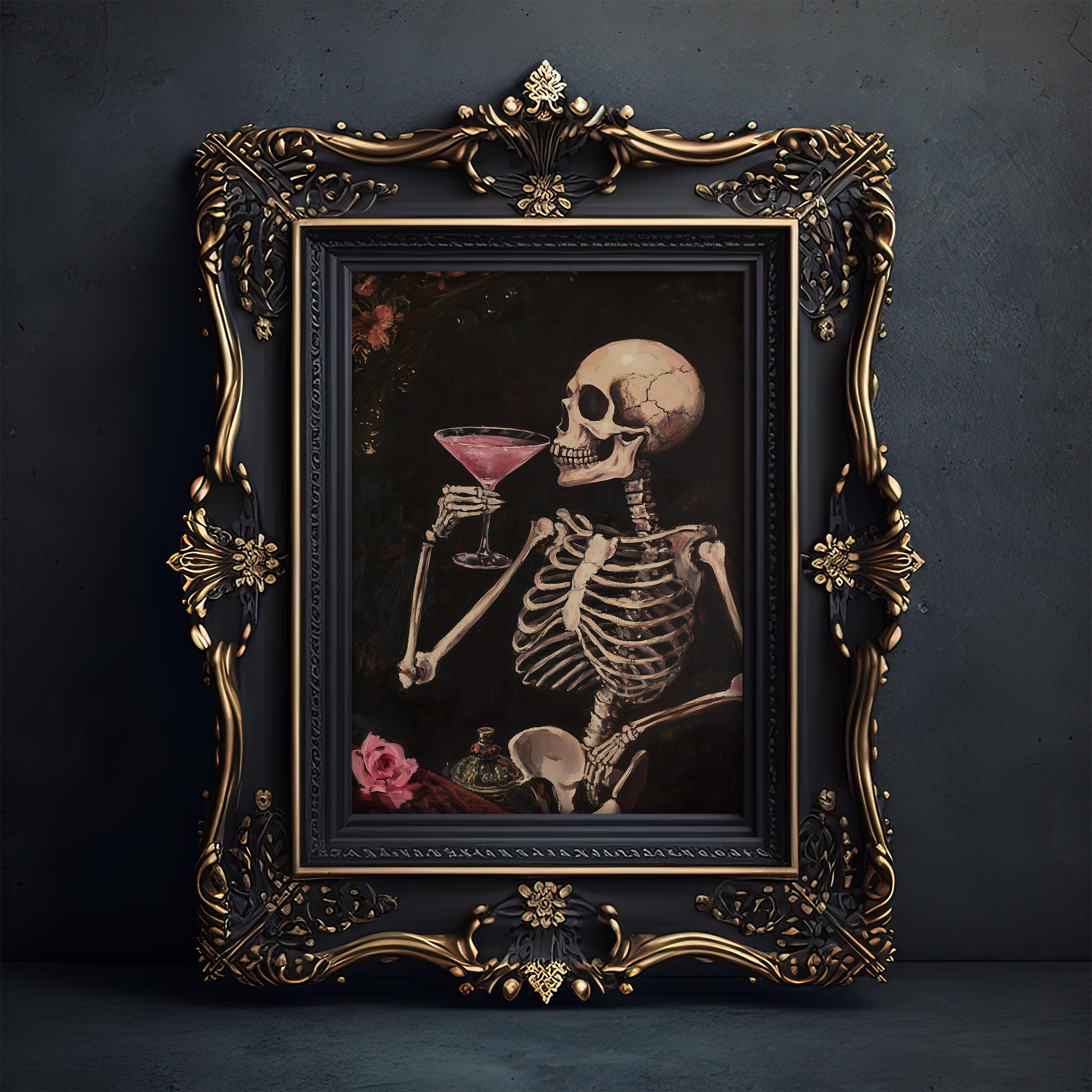 Skeleton With Martini Wall Art, Gothic Bar Cart Decor, Spooky Home ...