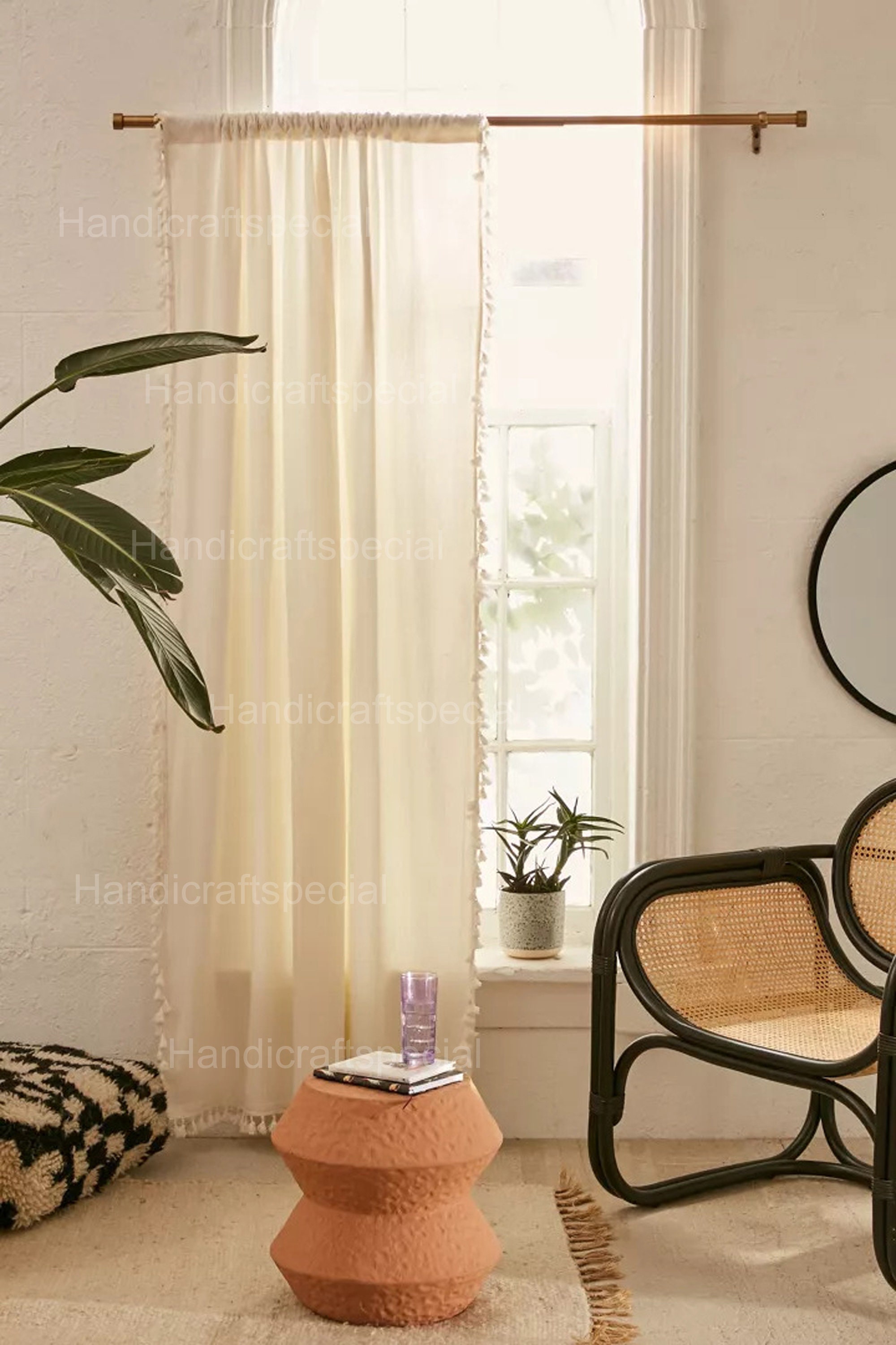 Cotton Curtain Panel Tufted Fringes Tassels Curtain for Living Room ...