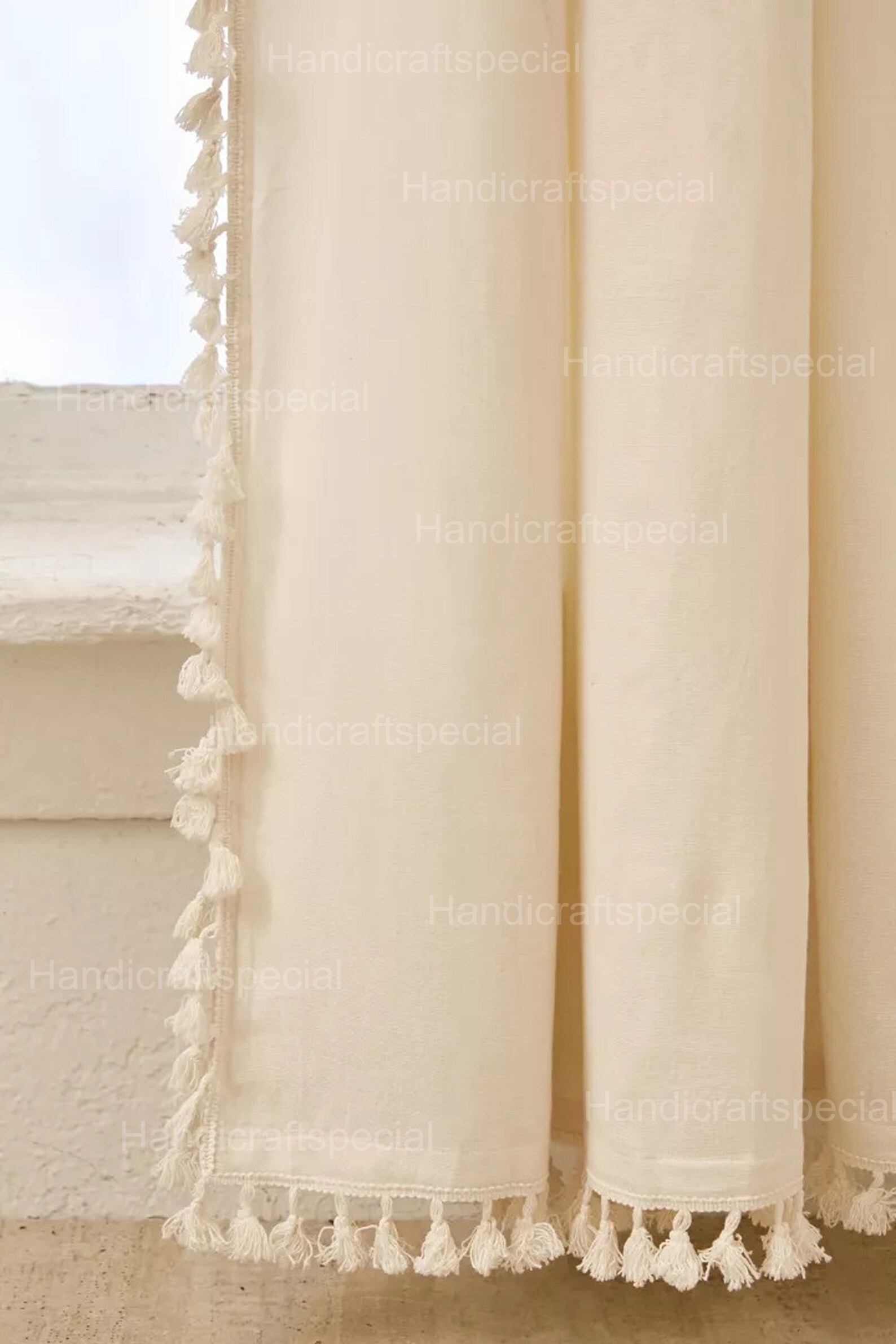 Cotton Curtain Panel Tufted Fringes Tassels Curtain for Living Room ...