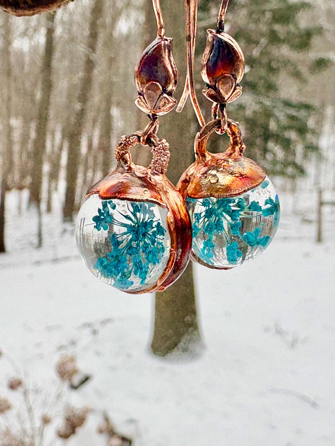 Real AZURE Miniature Queen Anne's Lace Dangle Earrings - Copper ...