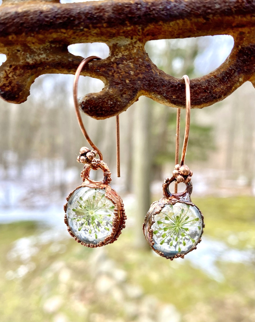 Real Miniature WHITE Queen Anne's Lace Dangle Earrings - Copper ...
