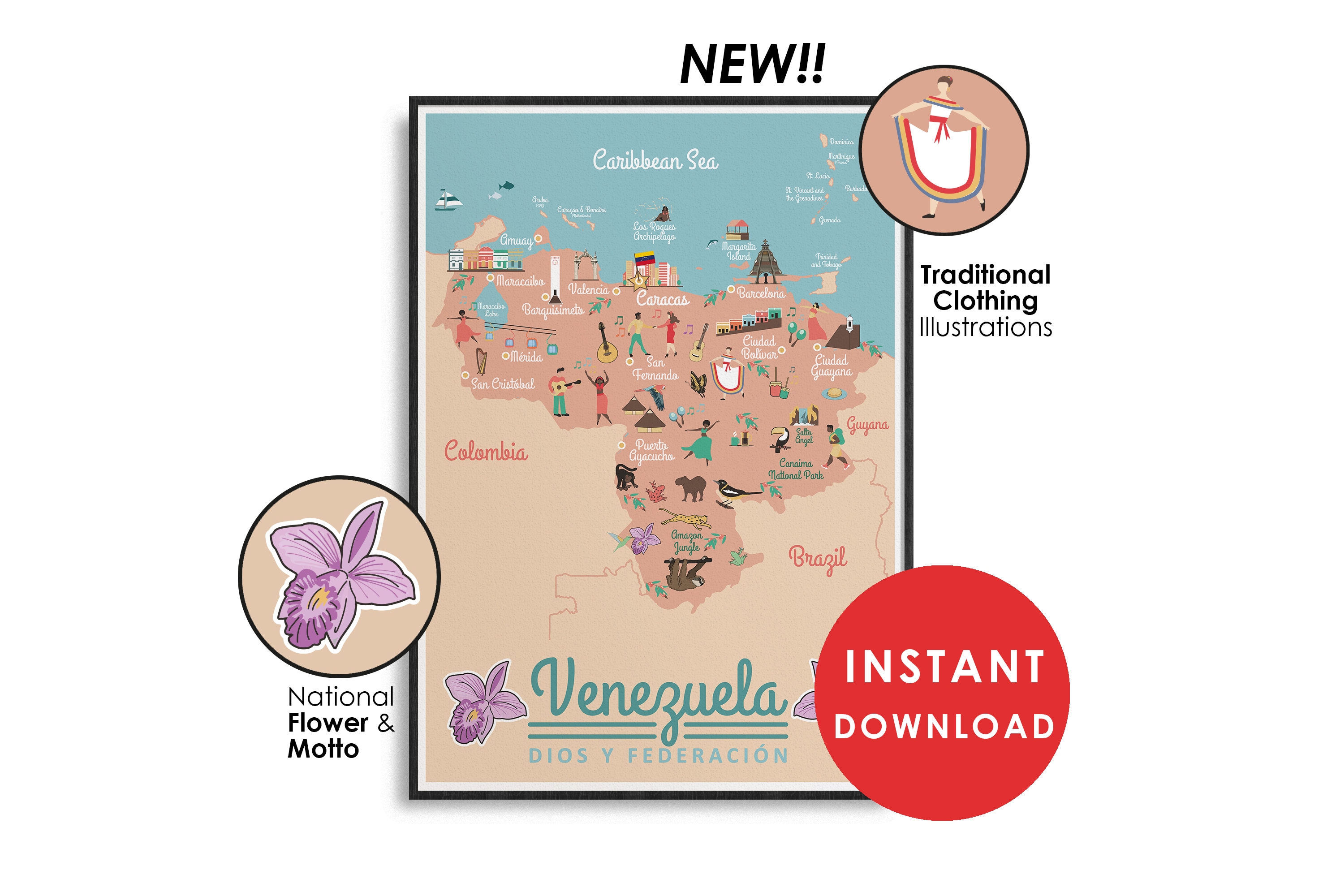 Venezuela Poster: Illustrated Map. Venezuela Gift. - Etsy