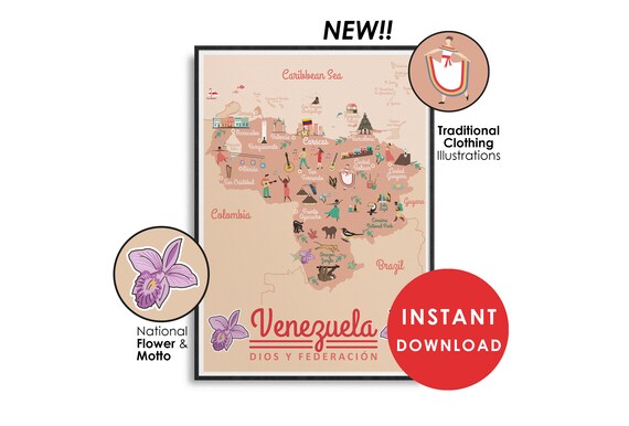 Venezuela Poster: Illustrated Map. Housewarming Gift. - Etsy